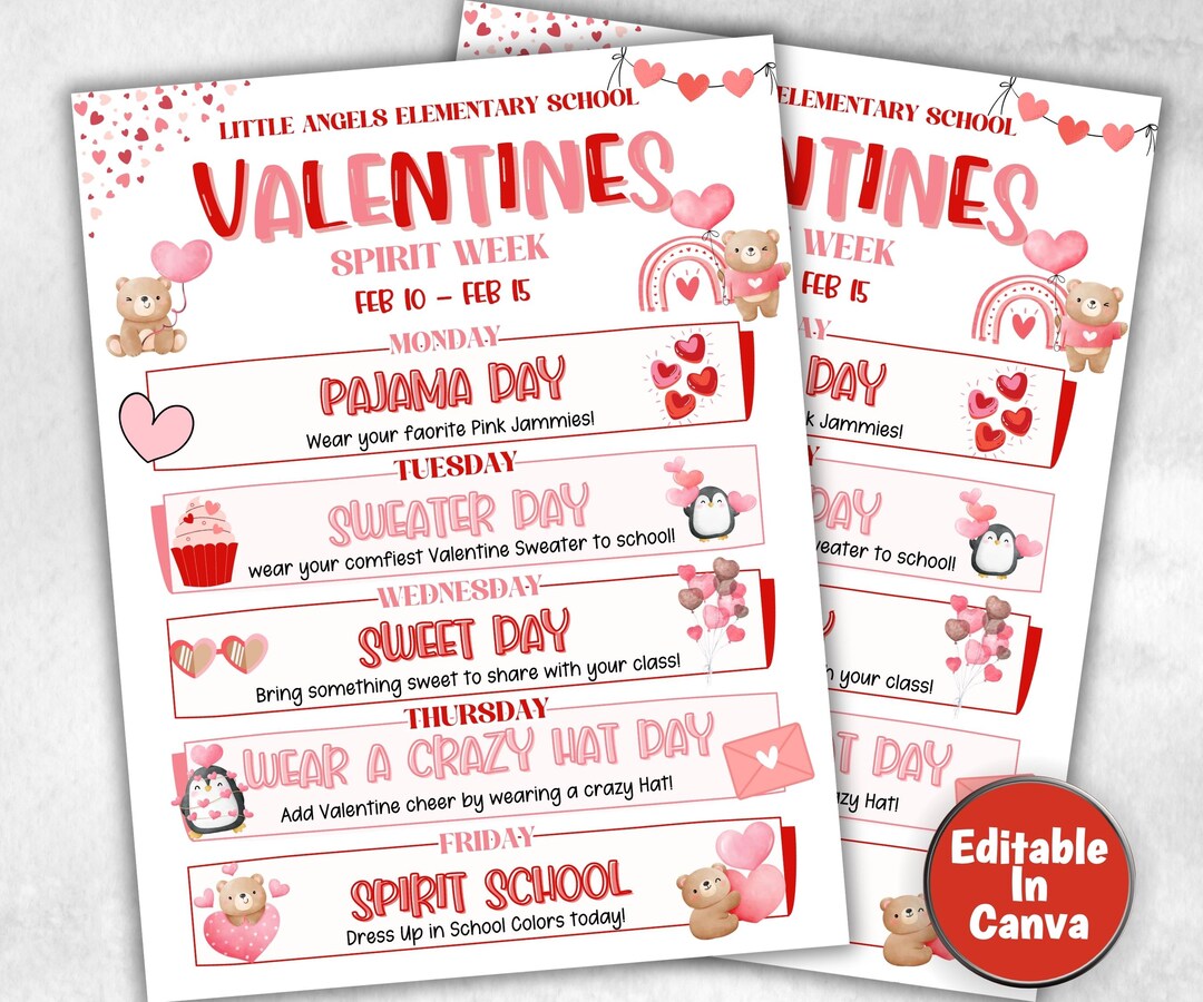 Customizable Valentine's School Spirit Week Flyer, PTO Schedule ...