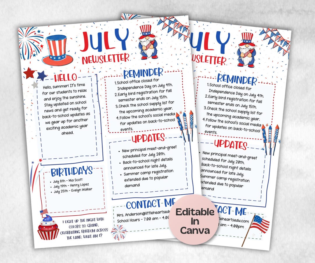 4th of July Classroom Newsletter, Daycare Class Newsletter, Newsletter ...