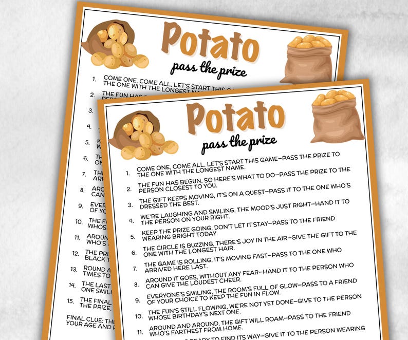 Potato Party Pass the Prize, Left Right Game, Potato Bar Themed ...