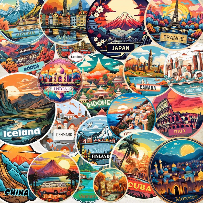 Travel Destination Vibrant Stickers Famous Countries Landmarks Tourism ...