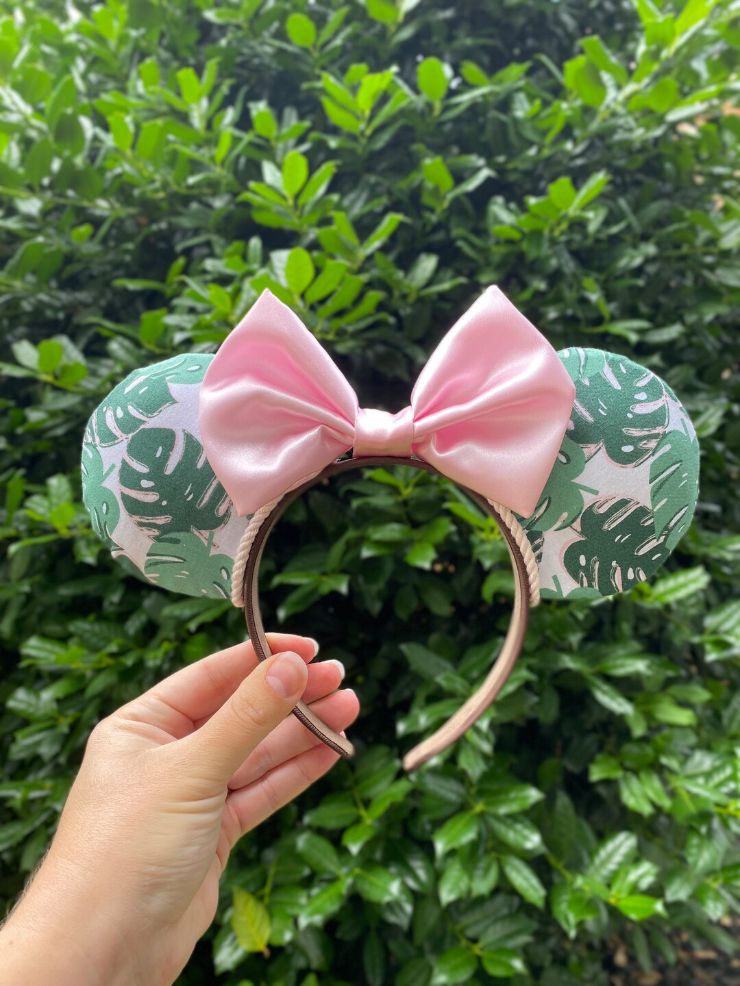 Monstera Leaf Print Fabric Mouse Ears With Pink Satin Bow - Etsy