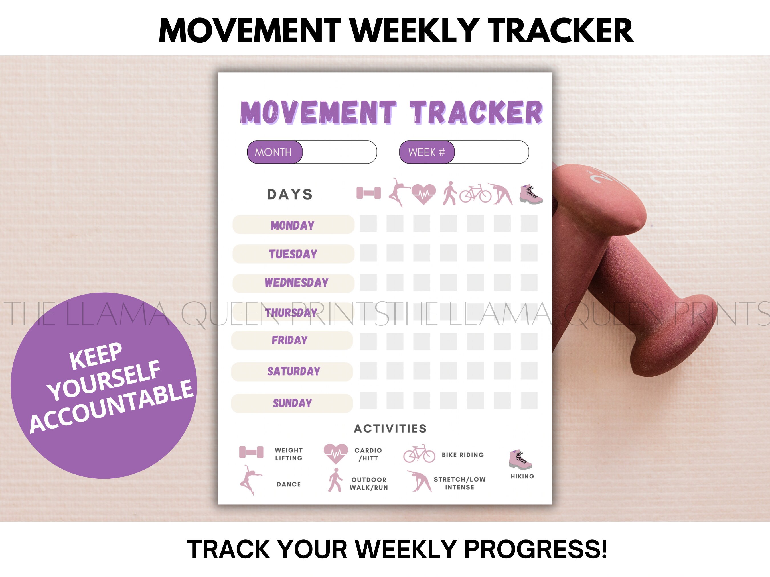 Printable Movement Tracker, Exercise Log, Weekly Workout Planner ...