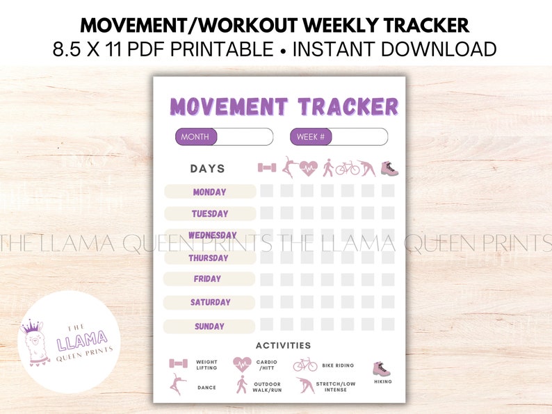 Printable Movement Tracker, Exercise Log, Weekly Workout Planner ...