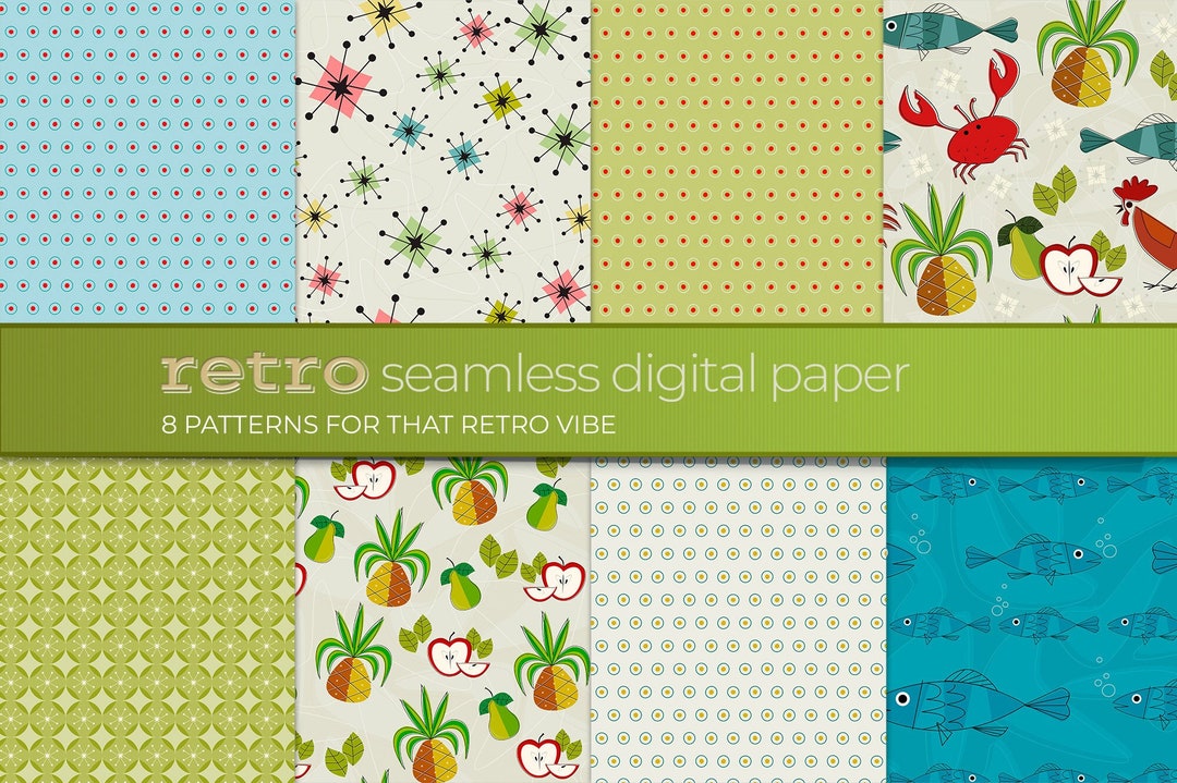 Retro Digital Paper, Mid Century Modern Scrapbooking, Kitsch Starburst ...