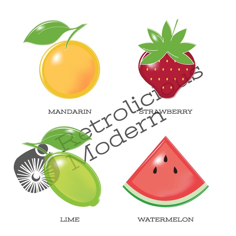 Stylized Fruit Clipart, Cute Clipart Icons of Strawberry, Apple ...