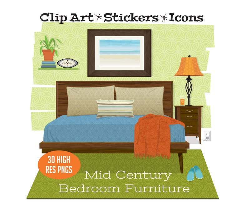Mid Century Furnitureclip Art, Retro 1950s and 1960s Bedroom Furniture ...