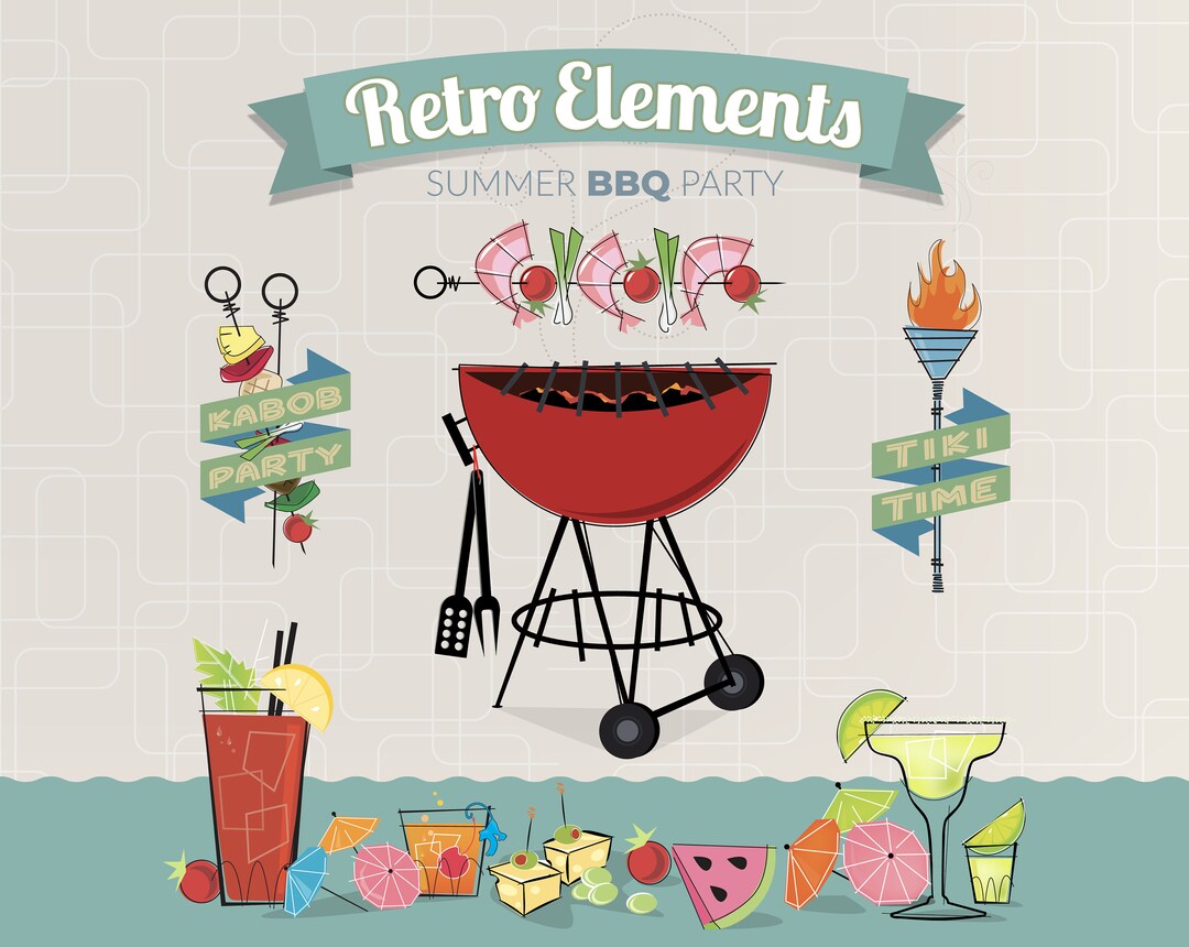 Retro BBQ Barbecue Party Digital Clipart With Tiki Torch, Party ...
