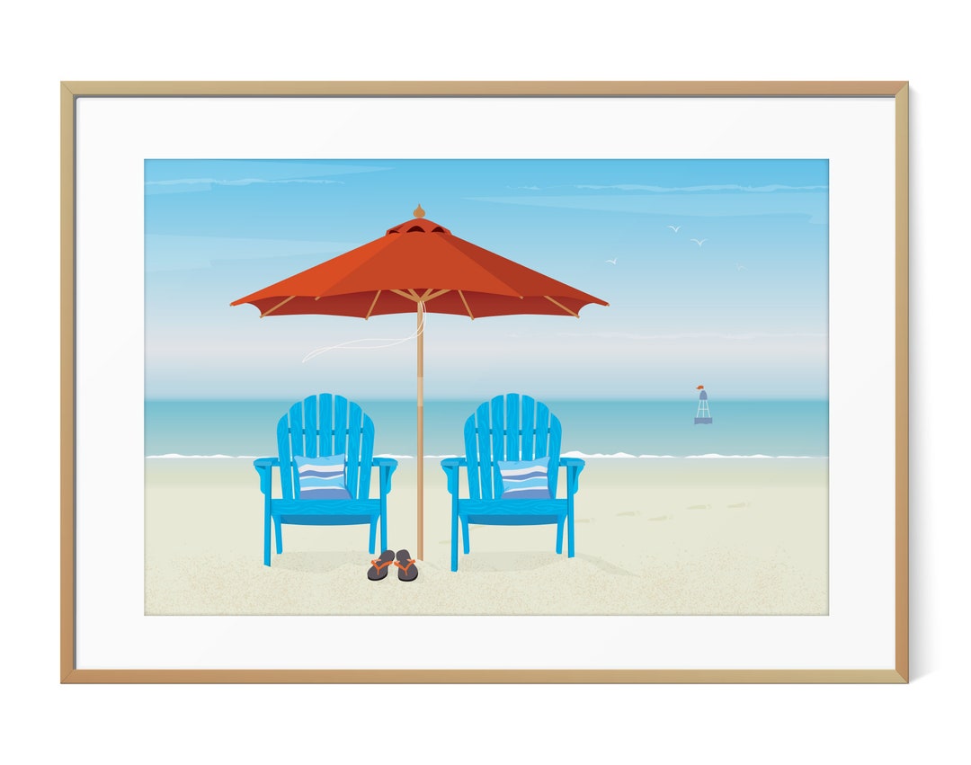 Adirondack Beach Chair, Ocean Scene, Sandy Beach Horizon, Coastal Wall ...