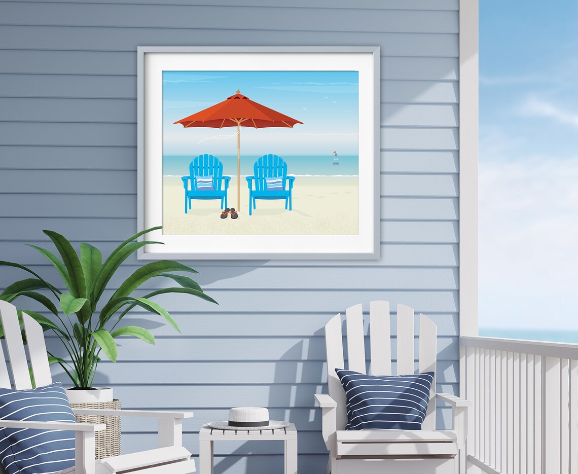 Adirondack Beach Chair, Ocean Scene, Sandy Beach Horizon, Coastal Wall ...