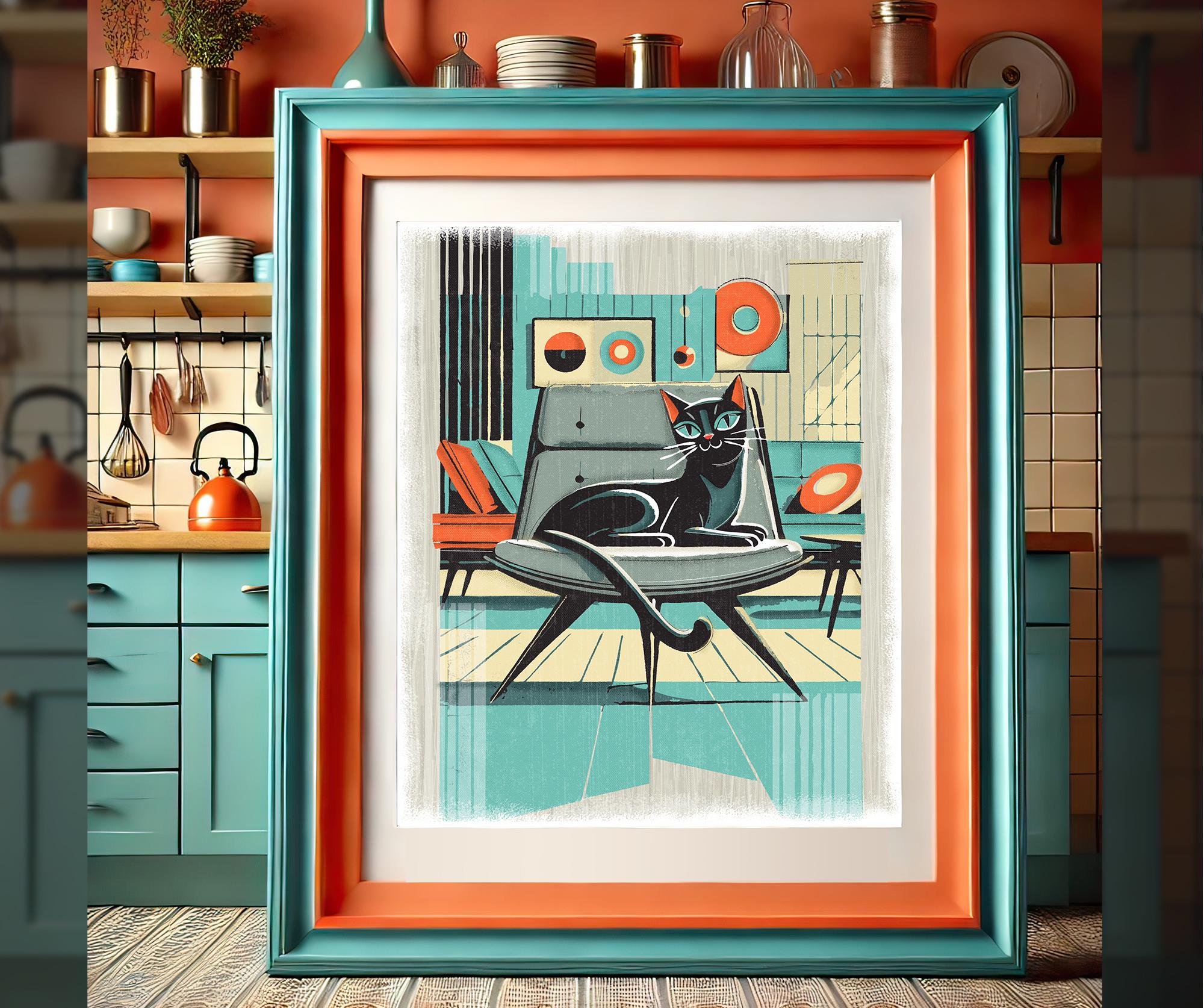 Cat Mid Century Modern, MCM, Cat Lover Gift, Digital Print Wall Art ...