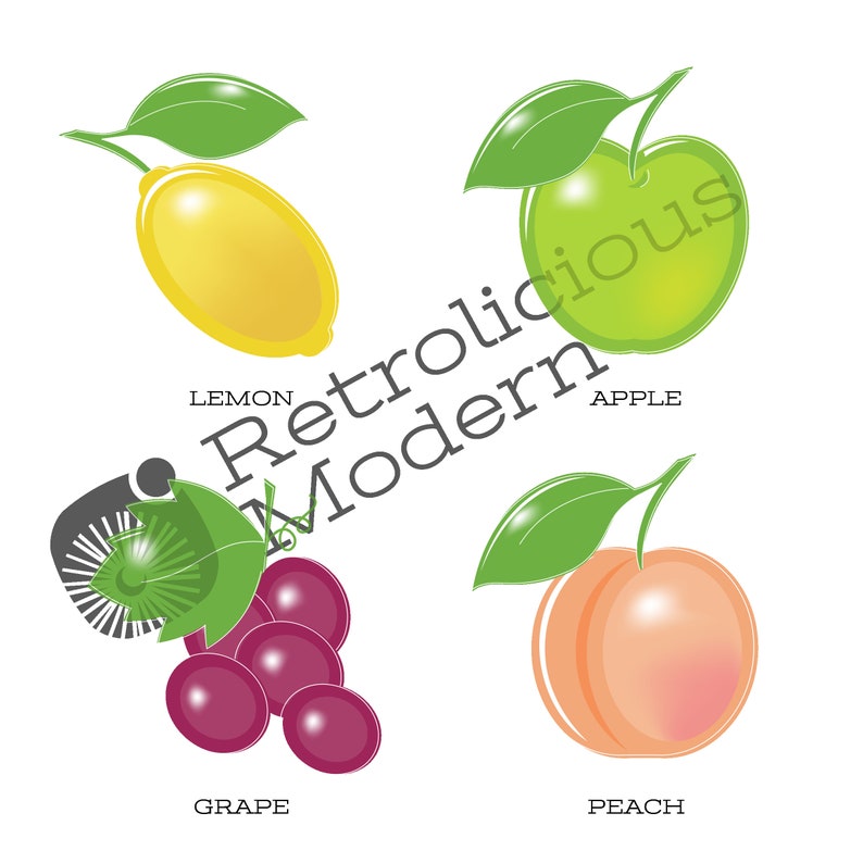 Stylized Fruit Clipart, Cute Clipart Icons of Strawberry, Apple ...