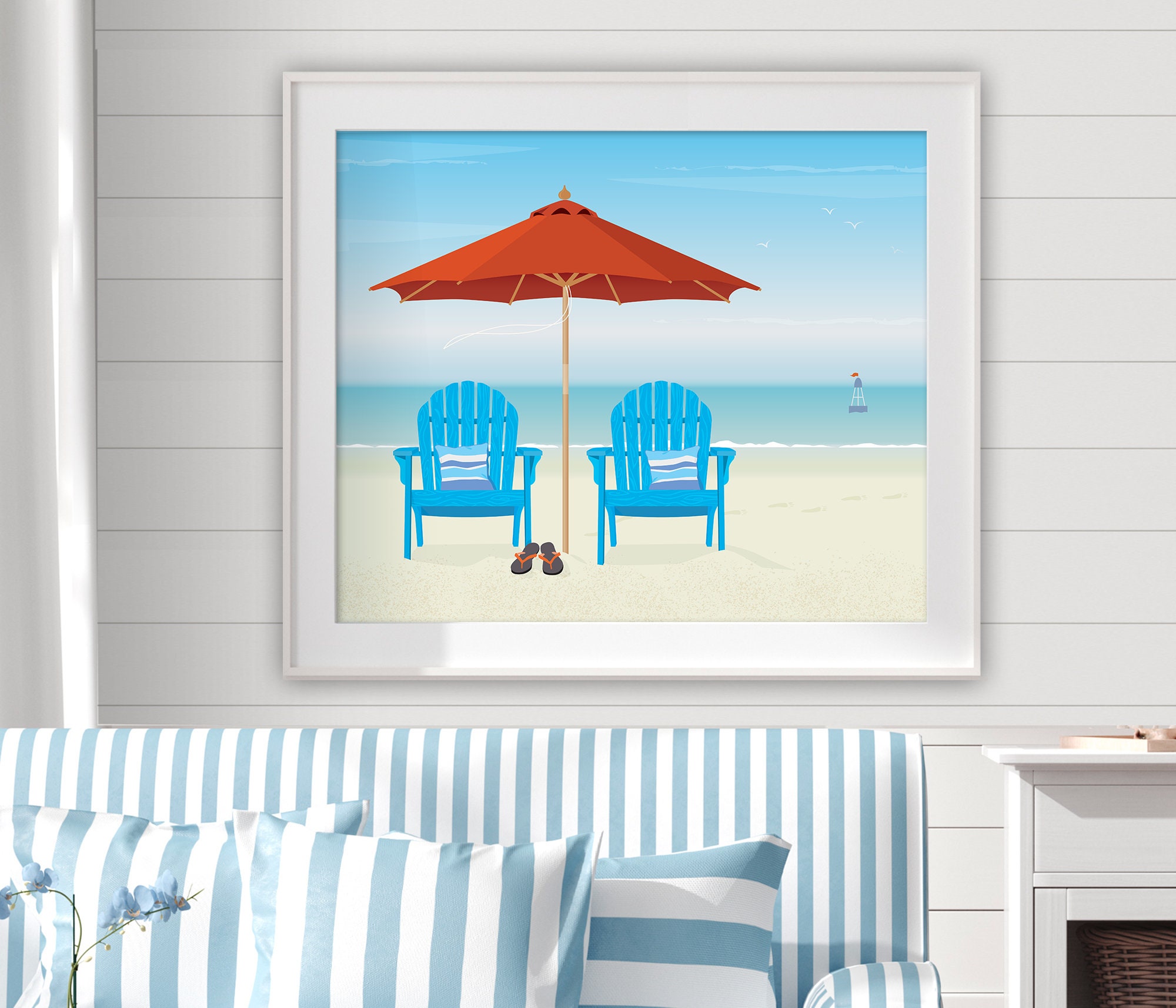 Adirondack Beach Chair, Ocean Scene, Sandy Beach Horizon, Coastal Wall ...
