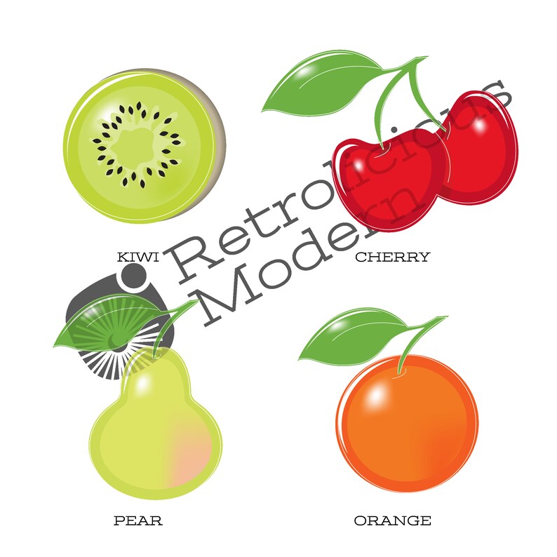 Stylized Fruit Clipart, Cute Clipart Icons of Strawberry, Apple ...