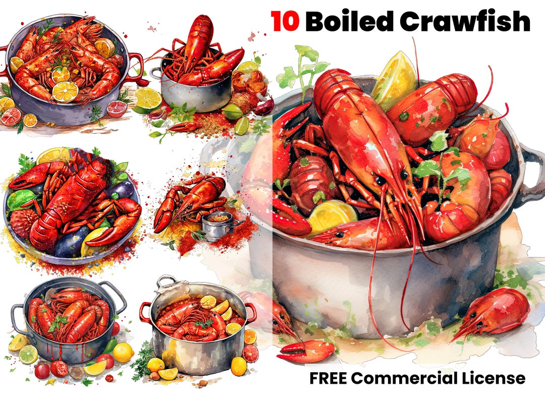 Boiled Crawfish Watercolor Clipart, Lobster, Crawfish Boil, Cooking ...