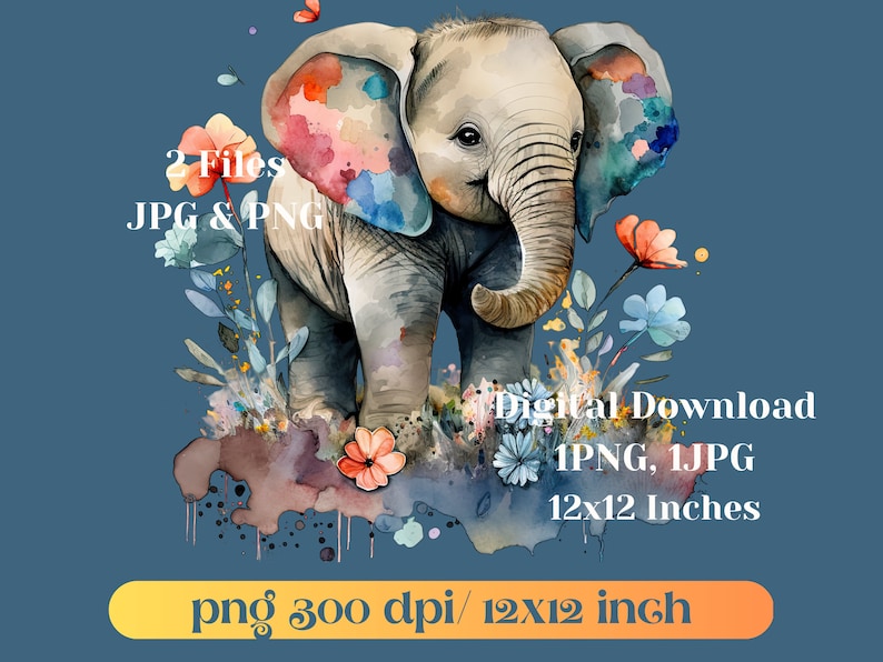 Baby Elephant Clipart, Watercolor Elephant Png, Printable Elephant ...