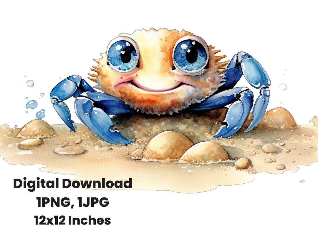 Baby Blue Crab Cartoon Watercolor Clipart, Crabbing, Fishing Clipart ...