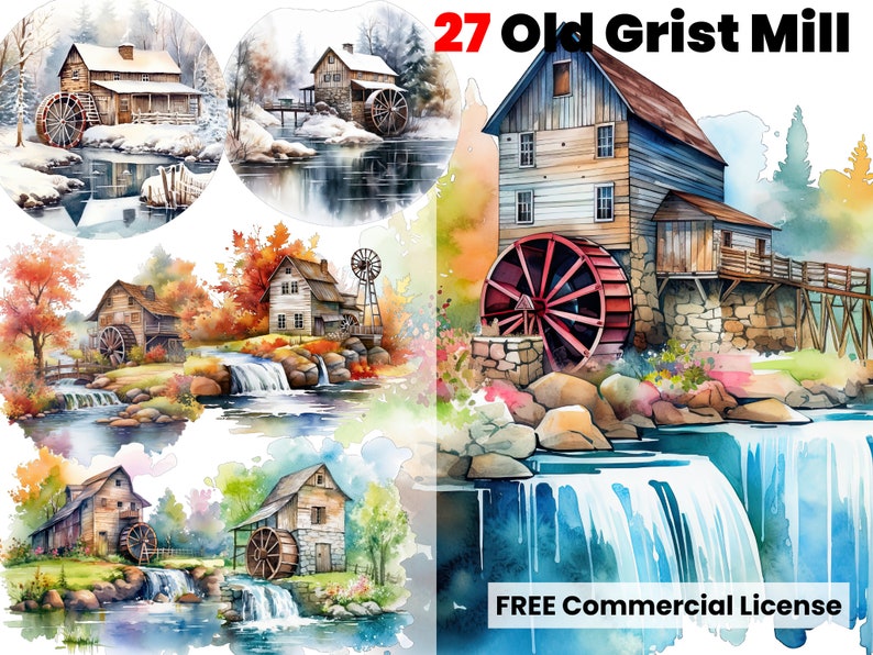 Old Gristmill Watercolor Clipart Watermill Print River - Etsy