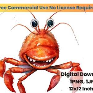 Crusty Baby Crawfish Watercolor Clipart, Lobster, Cartoon Character ...