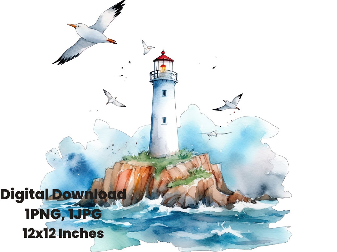 Lighthouse Watercolor Clipart, Beach, Ocean Decor, Digital Download ...