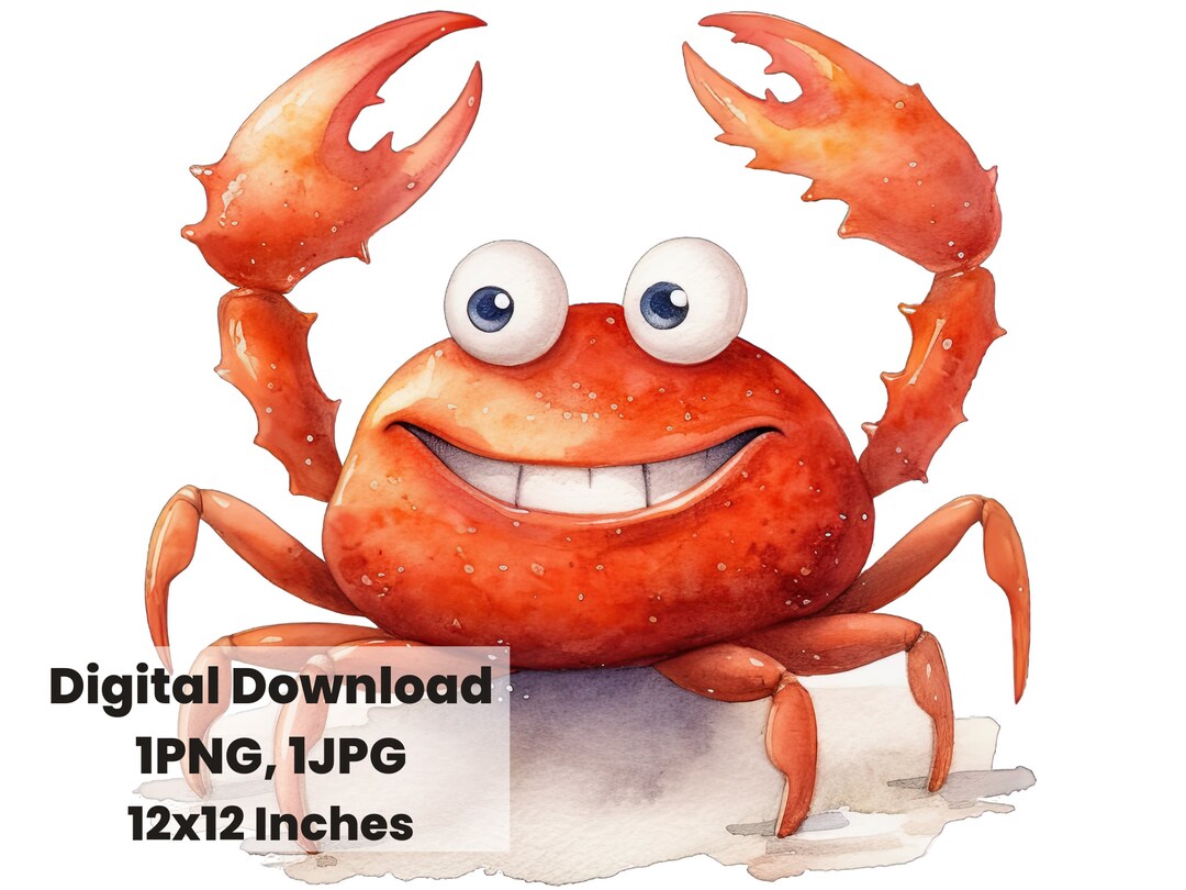 Smiling Cartoon Crab Watercolor Clipart, Crabbing, Fishing Clipart ...