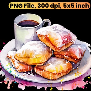 New Orleans Beignets Watercolor Clipart, Donunt Clipart, Baking Png ...