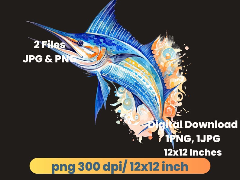 Marlin Watercolor Fish, Saltwater Fish Clipart, Marlin Fish Swimming ...