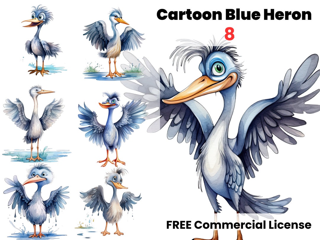 Animated Blue Heron, Watercolor Clipart, Louisiana Heron PNG, Cartoon ...