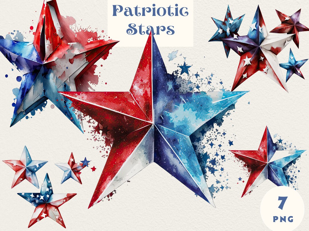 American Stars Clipart, Memorial Day Png, 4th of July Png, Watercolor ...