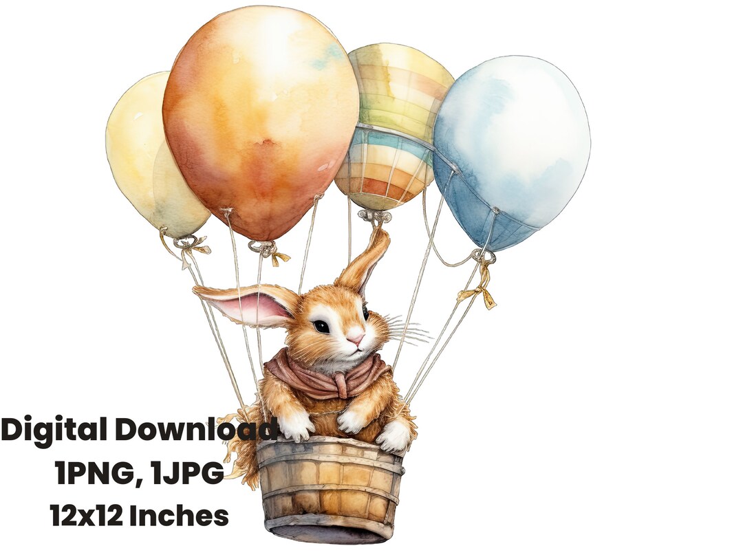 Bunny and Balloon Clipart, in Sky, Watercolor Clipart, Graphic Design ...