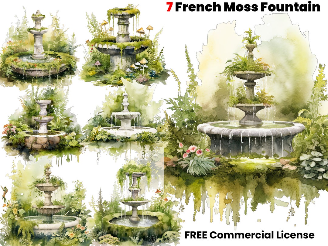 French Moss Fountain Watercolor Clipart, Water Fountain, Courtyard PNG ...