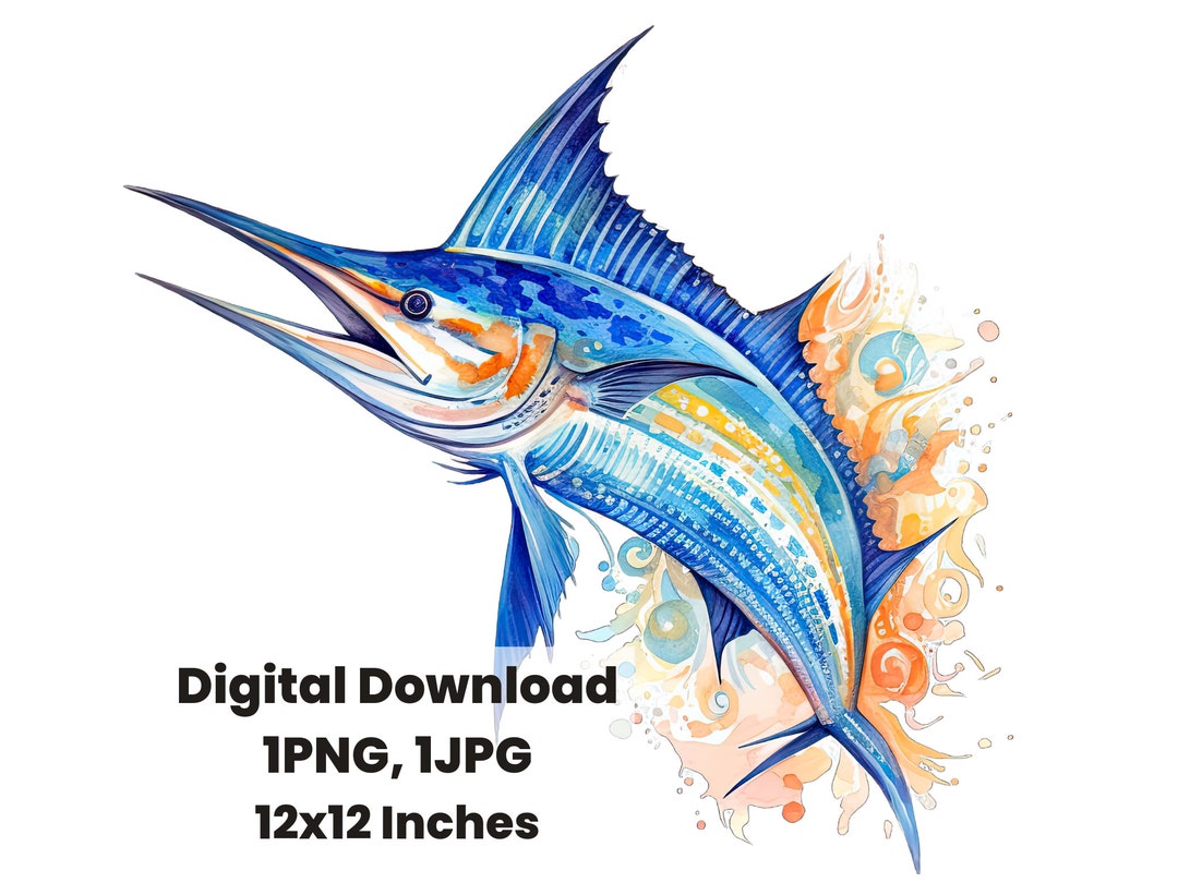 Marlin Watercolor Fish, Saltwater Fish Clipart, Marlin Fish Swimming ...