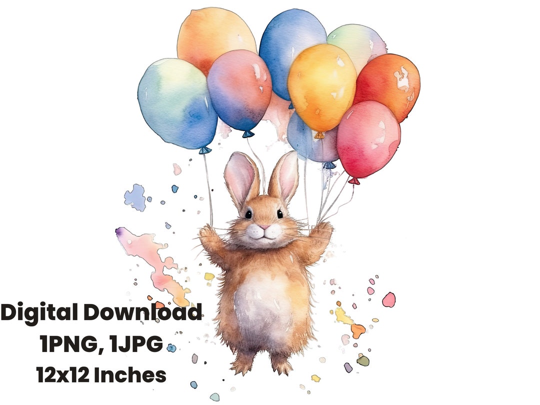 Bunny Balloon Clipart, Bunny in Air, Watercolor Clipart, Graphic Design ...