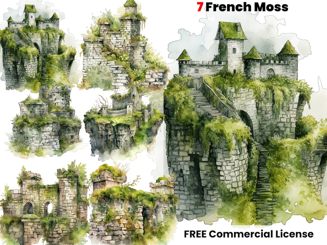 French Moss Overgrowth Watercolor Clipart, Castle Png, Greenery Print ...