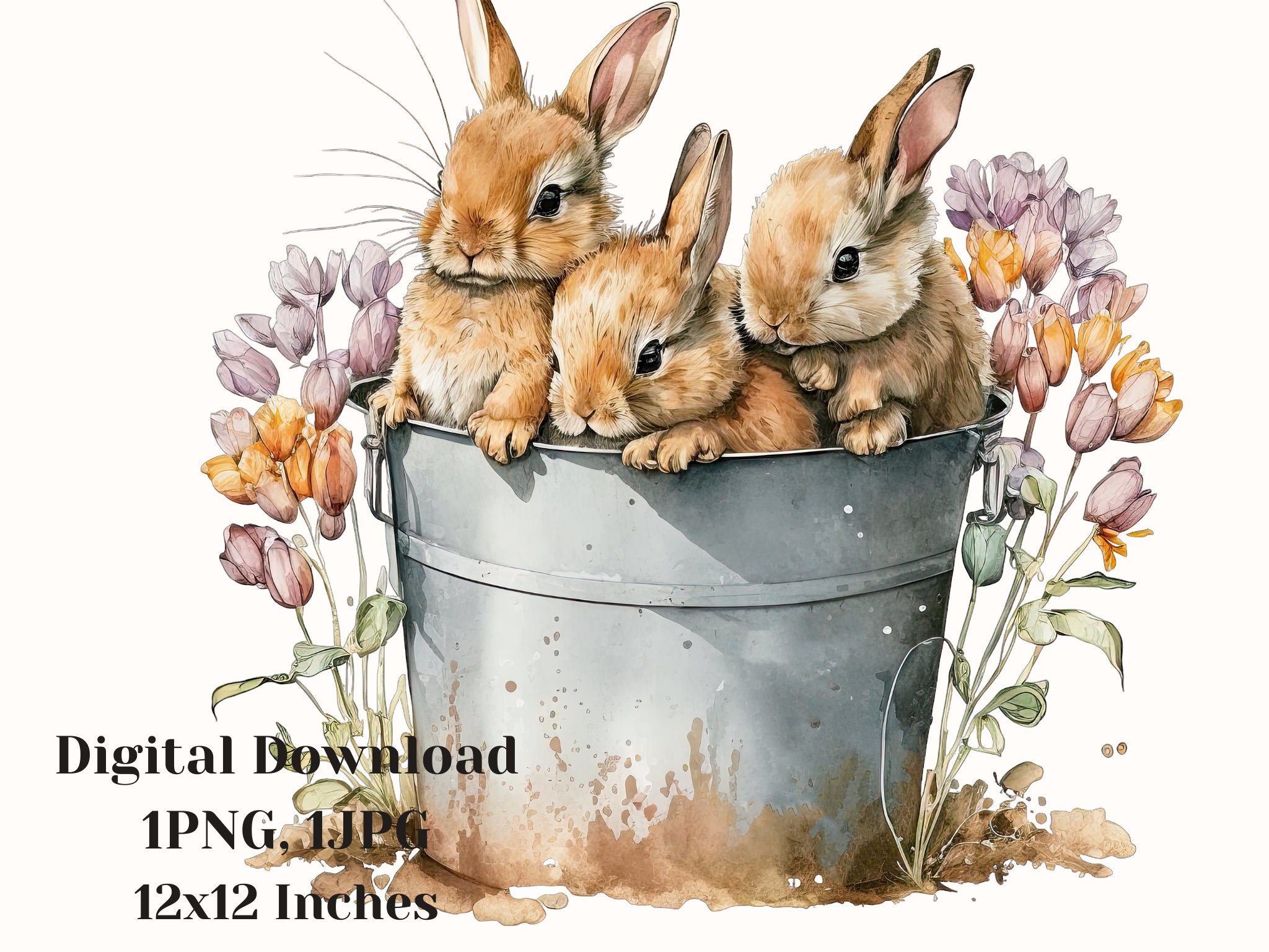 Bucket Bunnies Floral Bunny Clipart Easter Png Watercolor - Etsy