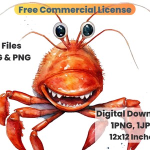 Crusty Baby Crawfish Watercolor Clipart, Lobster, Cartoon Character ...