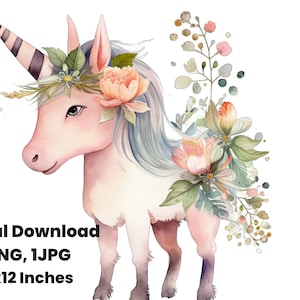 Baby Unicorn Watercolor Clipart, Kid Horse Art, Fantasy, Digital ...