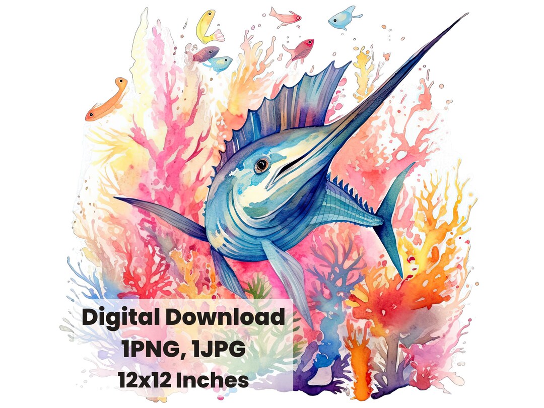 Blue Marlin Watercolor Fish, Saltwater Fish Clipart, Marlin Fish ...