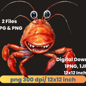 Crusty Baby Crawfish Watercolor Clipart, Lobster, Cartoon Character ...