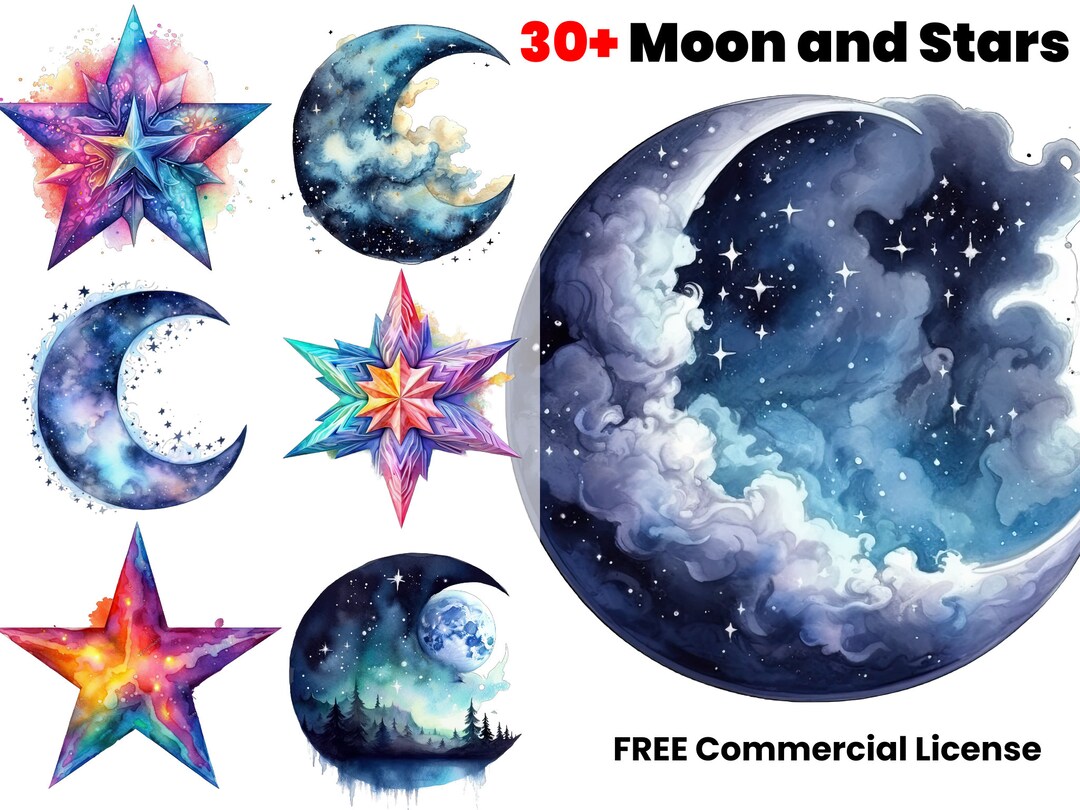 Moon Clipart, Space Clipart, Star Clipart, Crescent Moon, Star, Burning ...