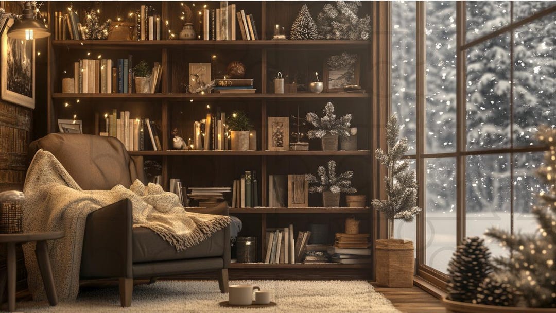Virtual Background for Zoom Meetings Winter Bookshelf Cozy Snow ...