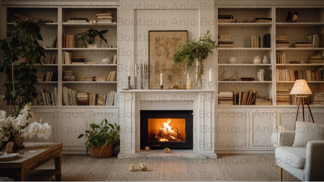 Virtual White Fireplace Bookshelf Living Room Background Zoom Meetings ...