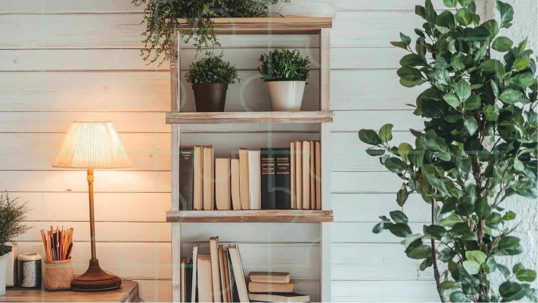 Virtual Background White Shiplap Bookshelf Office Indoor Plants ...