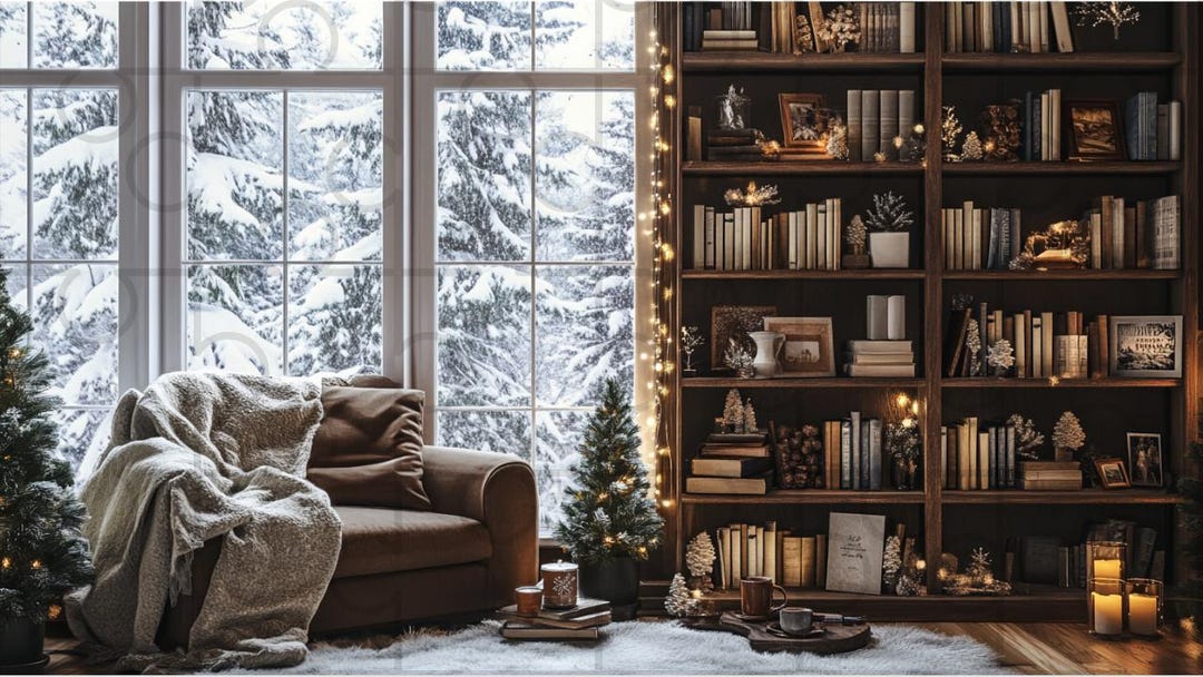 Virtual Background for Zoom Meetings Living Room Winter Bookshelf Cozy ...