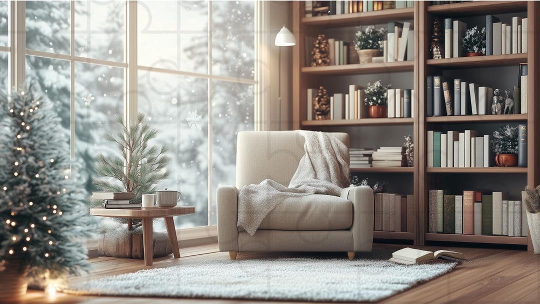 Virtual Background for Zoom Meetings Living Room Winter Bookshelf Warm ...