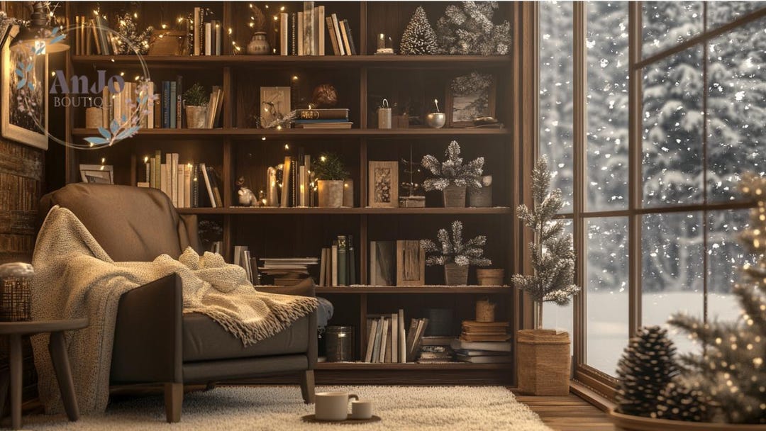 Virtual Background for Zoom Meetings Winter Bookshelf Cozy Snow ...