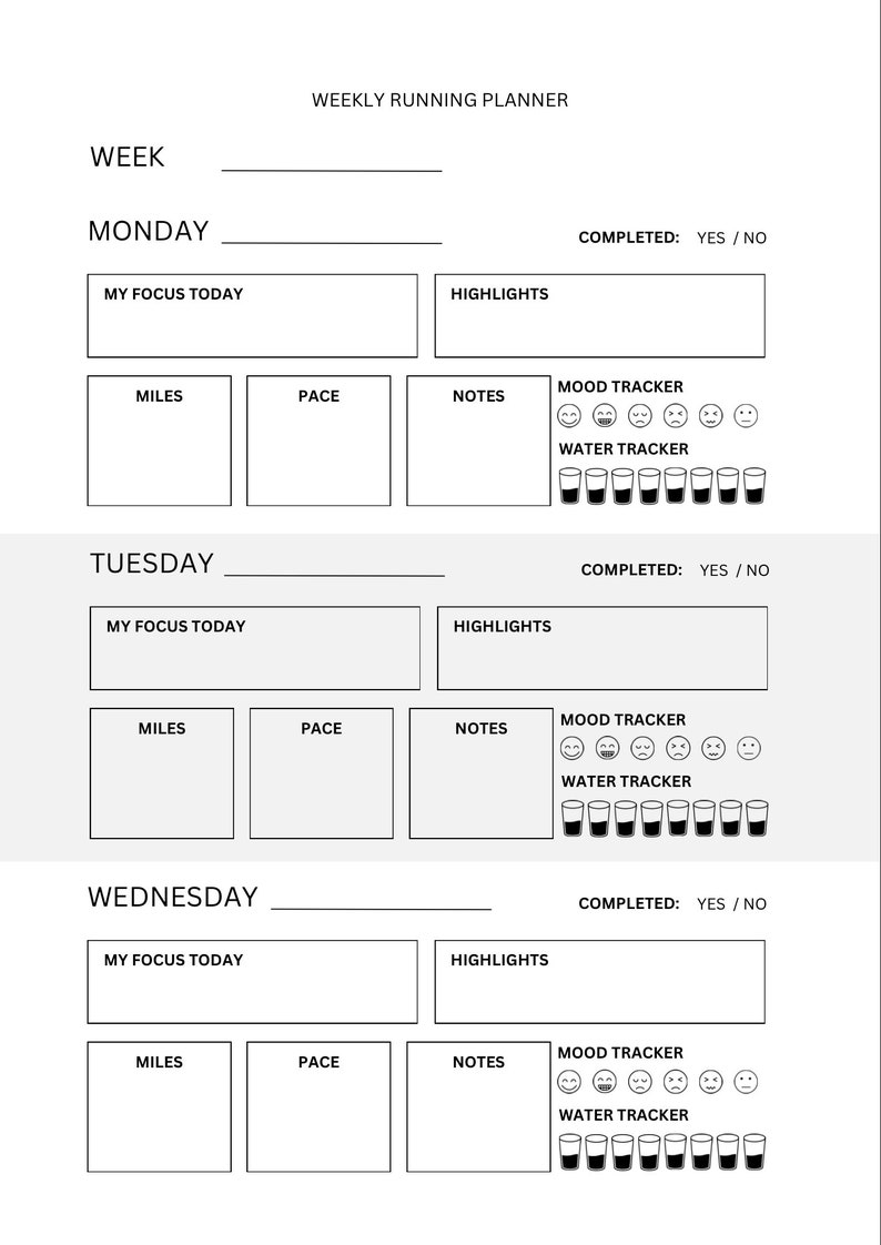 Weekly Running Planner - Digital Download | Fitness Tracker | Running ...
