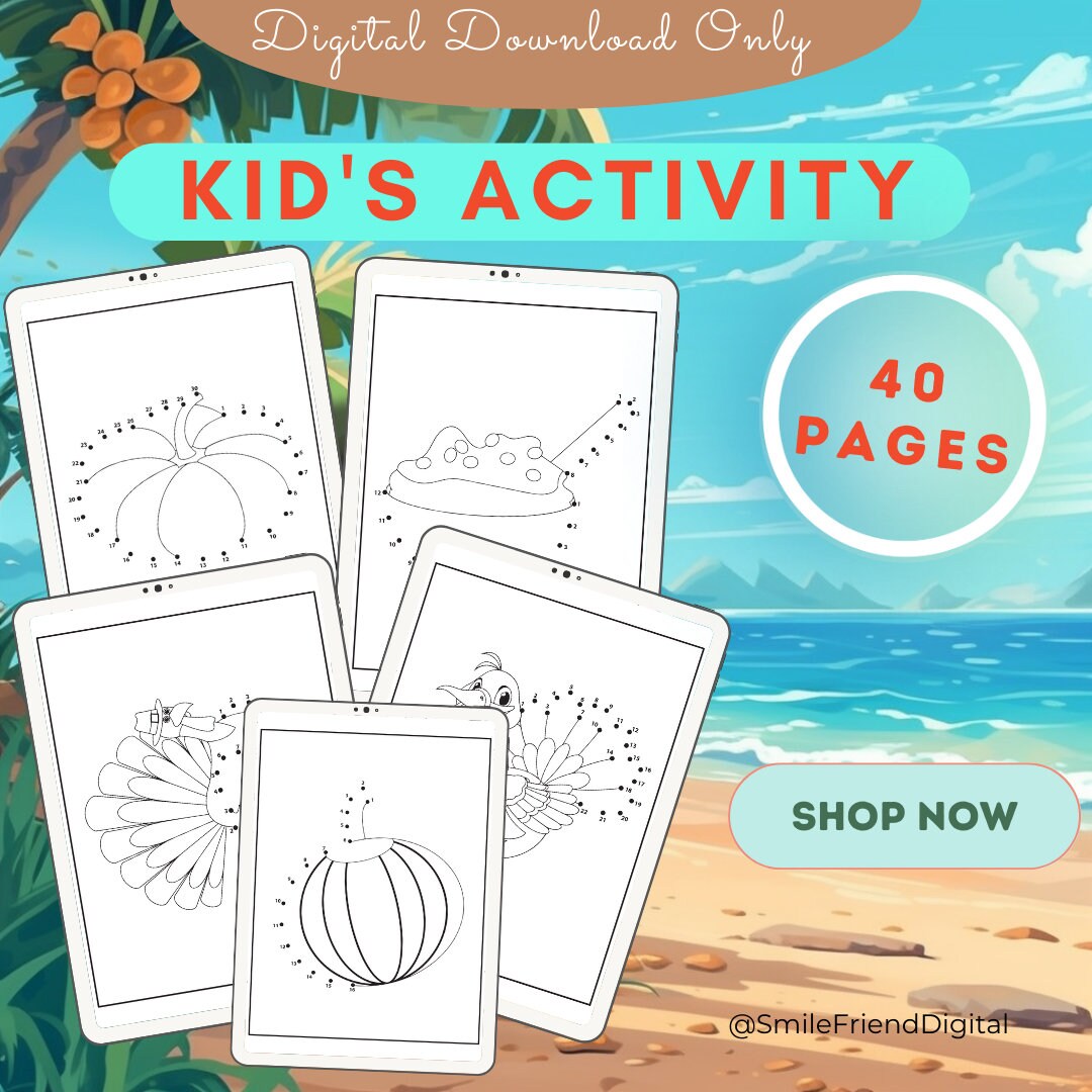 40 Dot to Dot Coloring Kid's Activity Sheets for Kids , Summer Camp ...