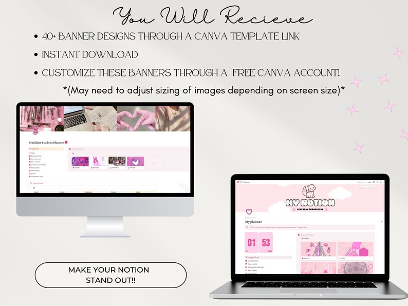 Pink Student Notion Covers, Aesthetic Notion Banners, Canva Editable ...