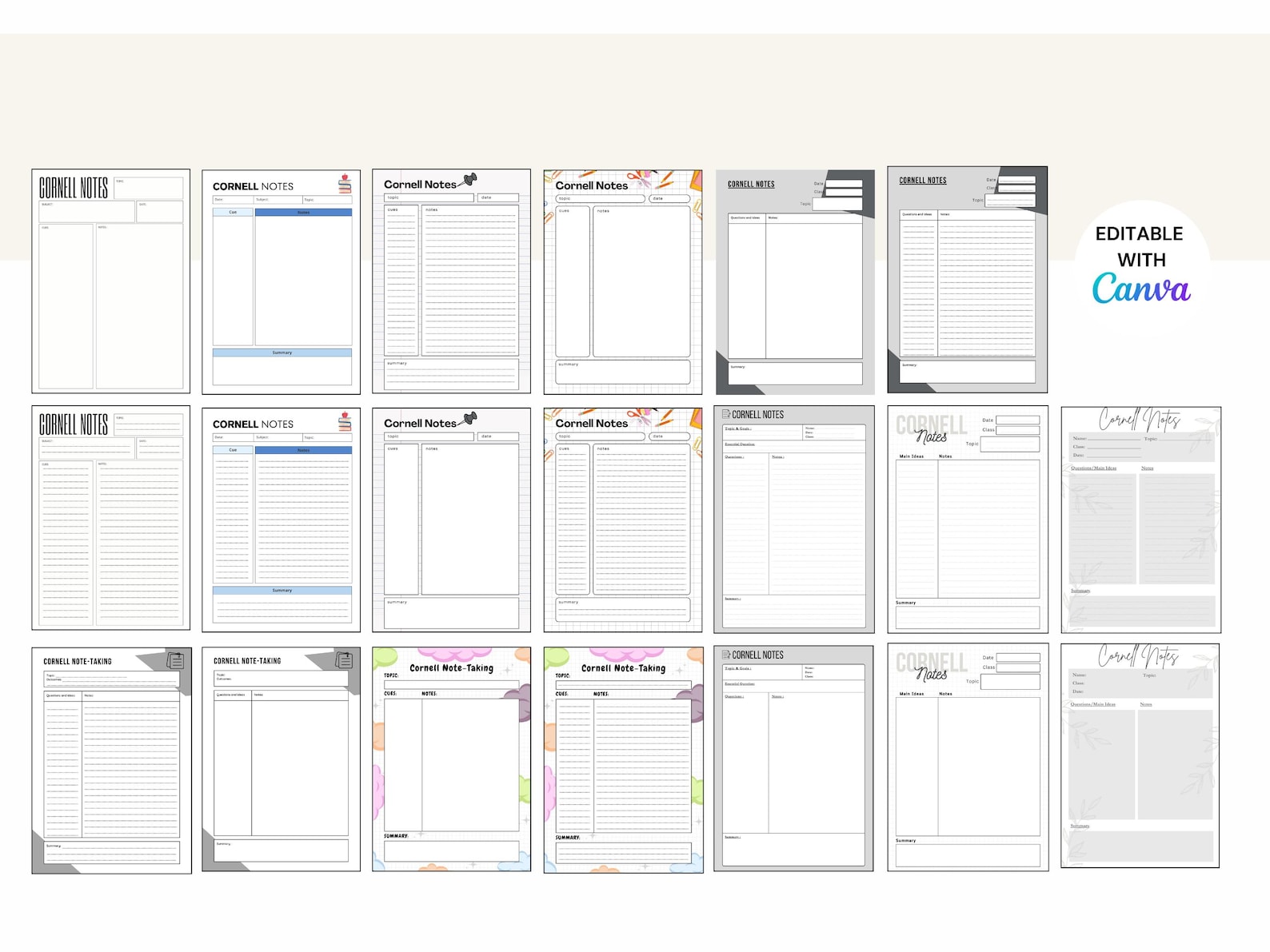 Digital Note Template, Canva Cornell Notes Template, Student Note ...