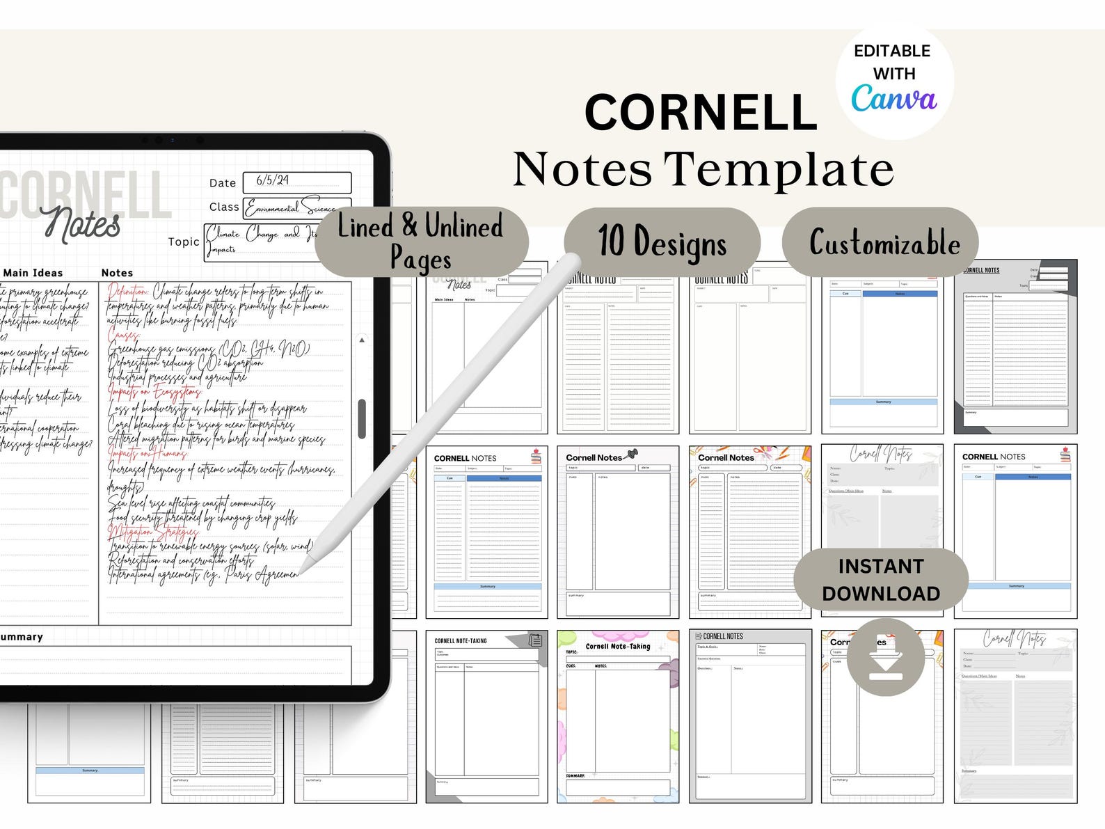 Digital Note Template, Canva Cornell Notes Template, Student Note ...